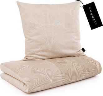 Bugatti Bettwäsche 135x200 cm - 100% Baumwolle, Reißverschluss, anschmiegsam, weich & waschbar, Mako Satinbettwäsche Kreise grafisch beige