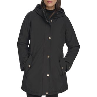 Tommy Hilfiger Damen Mittellange, Wasserabweisende Regenjacke Daunenalternativer Mantel, Kapuze A Line Schwarz, S