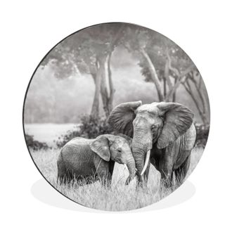 MuchoWow Wandbild Rund Wanddeko Deko Wohnzimmer Bilder 60x60 cm Elefantenbaby mit seiner Mutter in schwarz-wei&szlig;