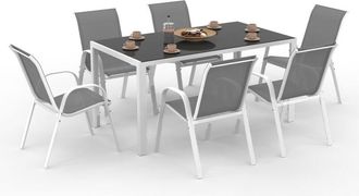 IDMarket Idmarket - Salon de jardin madrid table 150 cm et 6 chaises empilables blanc et gris