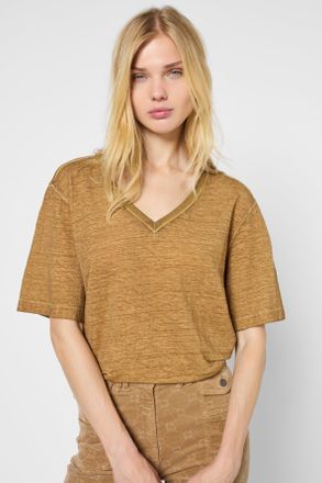 Gerard Darel T-shirt ample &agrave; col V en lin - GRETA - Camel