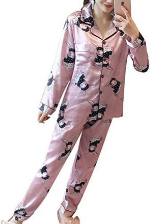 ORANDESIGNE Femmes Ensemble Pyjama en Satin Manche Longue Vêtements de Nuit 2 Pièces Col-V Top Bouton et Pantalon Printemps Automne B Rose 03 FR 42