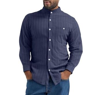 Generic Chemise d&eacute;t&eacute; en coton et lin pour homme - Chemise tendance en lin ray&eacute; - Col montant - Coupe ample - Respirant - D&eacute;contract&eacute; - Chemise &agrave; manches longu