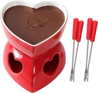 Generico Mini Fondue Cup - Keramik Herz Design mit Forks und Teelicht, Schokoladenmelttopf f&uuml;r Desserts | f&uuml;r Cheese Butter Karamel Candy Sweet Treats Feiertag