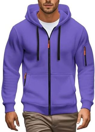 Generic Sweat à capuche pour homme avec fermeture éclair intégrale et manches longues - Coupe ample - Cordon de serrage - Couleur unie - Pull cargo classique 