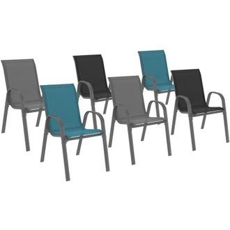 IDMarket Lot de 6 chaises de jardin LYMA m&eacute;tal et textil&egrave;ne empilables gris, noir et bleu