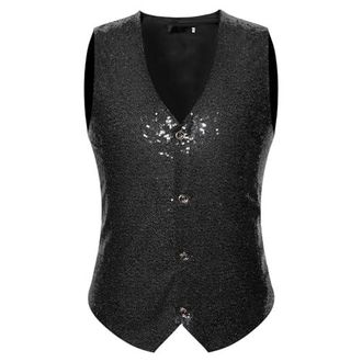 Generic Gilet court &agrave; paillettes pour homme, gilet confortable uni de qualit&eacute; sup&eacute;rieure et luxueux, &agrave; simple boutonnage et coupe ajust&eacute;e, gilets tendance &agrave; p