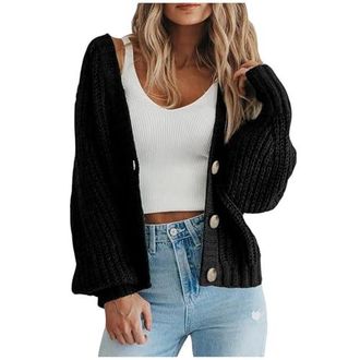 Generic Pull &eacute;pais ouvert sur le devant &agrave; manches longues en tricot boutonn&eacute; pour femme, Noir, 3XL