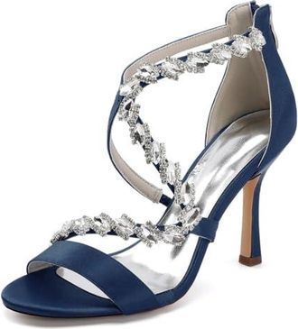 Generic Sandales &Agrave; Talons Hauts Femmes Mari&eacute;e Satin Open Toestylet Talons Et&eacute; Talon Mariage Soir&eacute;e Chaussures Femmes 9.5Cm,Dark Blue,36 EU