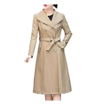 Generic Trench long en simili cuir pour femme - Double boutonnage avec ceinture et revers crant&eacute; slim coupe-vent, kaki, M