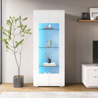 Generic Vitrine 173 cm hoch hochglanzwei&szlig; mit LED Beleuchtung Transparenten T&uuml;ren 4 Ebenen Kippschutz schmal Sammlervitrine Standvitrine Figuren Wohnzimmer mo