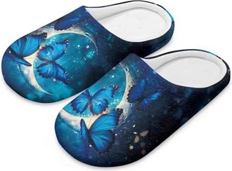 Coloranimal Pantoufles de spa pour femme - Pantoufles dint&eacute;rieur en vrac antid&eacute;rapantes &agrave; bout ferm&eacute;, Lune papillon bleue, 38.5/39.5 EU