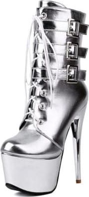 Generic Bottes De Cheville Glamour Femme Multi-Boucles Lacets Plateforme Talons Aiguilles Stylées Fêtes Clubs Soirées,Argent,36 EU