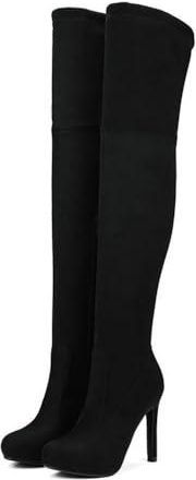 Generic Bottes au-dessus du genou en velours pour femme - Talon aiguille - Bout rond - Extensible - Pour lhiver, Noir, 40 EU