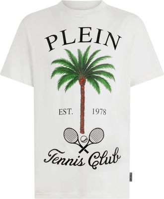 Philipp Plein Homme, Tops, Blanc, Taille: XS T-Shirt Col Rond Tennis Club Stones