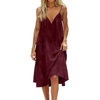 Generic Robe de plage pour femme - Robe d&eacute;t&eacute; mi-longue &agrave; bretelles spaghetti - Col en V - Dos profond - D&eacute;contract&eacute;e - M&eacute;lange de coton doux - Robe d&eacute;t&eacute; fluid