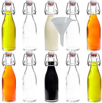 mikken Art 10 Glasflaschen mit Bügelverschluss 200 ml zum Selbstbefüllen inkl. einem Einfülltrichter Ø 7 cm