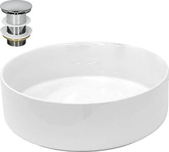 ECD Germany Lavabo Salle de Bain - &Oslash; 355 x 120 mm - en C&eacute;ramique - Ronde - Blanc - Lave-Mains &Eacute;vier - Lavabo Vasque &agrave; Poser sur Meuble - Design Moderne - avec Kit