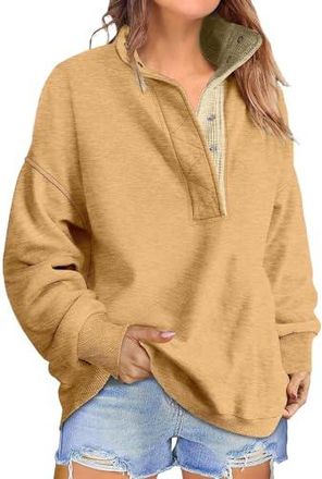 Generic Sweat-shirt d&eacute;contract&eacute; &agrave; boutons pour femme, pull surdimensionn&eacute; &agrave; manches longues, coupe ample, haut dautomne doux, jaune, XL