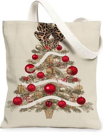 Generic Sacs fourre-tout en toile motif arbre de No&euml;l, sacs de courses r&eacute;utilisables, festifs chics, l&eacute;gers et lavables &agrave; l&eacute;paule S, beige, 13x15 Inch