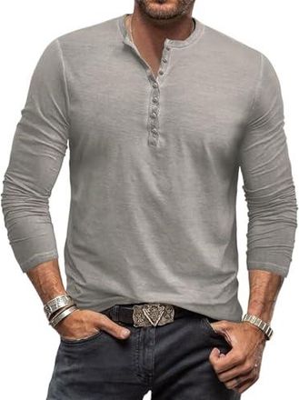 Generic T-shirt &agrave; manches longues pour homme - T-shirt d&eacute;contract&eacute; d&eacute;lav&eacute; &agrave; boutons d&eacute;lav&eacute;s tendance pour lautomne - T-shirt ajust&eacute; pour le quotidien, les vac