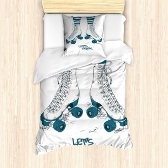 Abakuhaus Jahrgang Bettbezug Set für Einzelbetten, Retro Roller Skates, Milbensicher Allergiker geeignet mit Kissenbezug, Blaugrünes Weiß