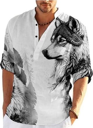 Keephen Chemise pour Homme Chemises Henley décontractées à col Montant et à Manches Longues Tops de Plage dété Chemisier boutonné à Motif de Loup Animalier T 