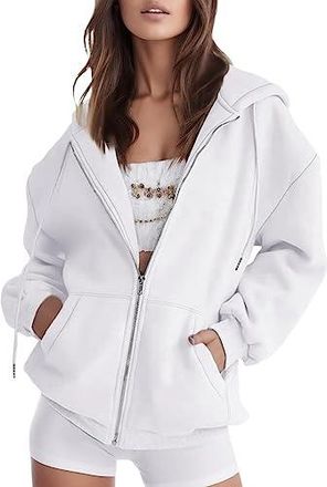 Generic Sweat-shirt femme avec capuche zipp&eacute;, oversize, Y2k, sweat-shirt, veste femme, veste de transition, uni, veste en polaire, d&eacute;contract&eacute;e, capuche, pull