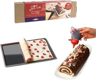 Mastrad Mastrad - Rollkuchenbox - 1 Biskuitplatte & 1 Mini Tasche zum Dekorieren - Backmatte mit Rand (40 x 30 cm) - Spritzbeutel (4 T&uuml;llen) - Weihnachtskuche