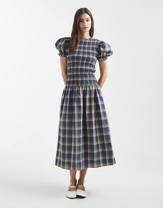 Daisy Street Gesmoktes Maxikleid mit tiefer Taille und blauem Vichy-Karo