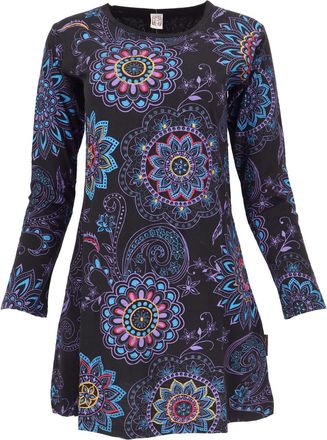 Guru Shop Besticktes Boho Chic Minikleid, Tunika mit Farbenfrohen Blüten - Schwarz/Flieder, Damen, Baumwolle, Size:L