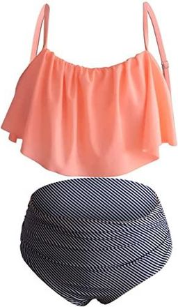 Generic Barboteuse de plage pour adolescentes, femmes, maillot de bain péplum, taille haute, rayé, fendu, angle plat, conservateur, maillot de bain sportif po