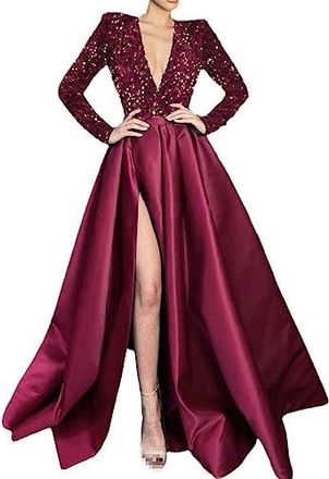 Generic Robe de soir&eacute;e &eacute;l&eacute;gante &agrave; paillettes pour femme - Manches longues - Col en V - Grande fente, Rd2, Taille S