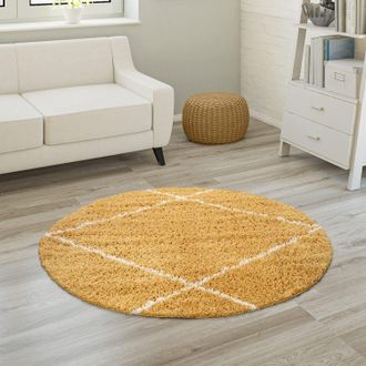 Paco Home Hochflor Teppich Wohnzimmer Shaggy Langflor Skandinavisch Rautenmuster Modern, Grösse:200 cm Rund, Farbe:Gelb