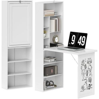 HOMCOM Bureau avec rangement - HOMCOM - pliable - biblioth&egrave;que poste de travail tableau blanc &eacute;tag&egrave;re r&eacute;glable - MDF - 98x51x153cm - blanc