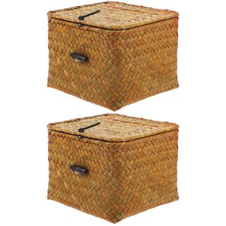 BESTONZON 2 Stück Box Seegras-Körbe Deckel Weiden-Aufbewahrungskorb Mit Deckel Seegras-Aufbewahrungskörbe Schubladen-Organizer Schreibtisch-Schubladen Organizer