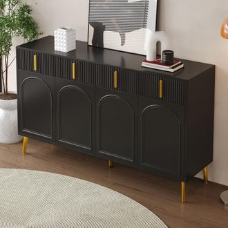 Generic HUQIQWE Anrichte Sideboard und Sideboard k&uuml;che 140x38x82 cm sowie Kommode k&uuml;che in Schwarz Gold mit gew&ouml;lbten Fronten f&uuml;r EIN modernes Wohnzimmer und 