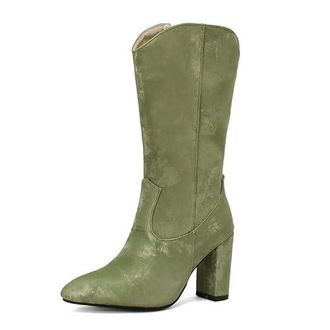 Generic Vinatge - Chaussures de cowgirl occidentales larges &agrave; enfiler au genou - Bout pointu - Talon &eacute;pais - Pour femme, Vert, 39.5 EU