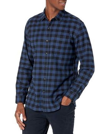 Amazon Essentials Chemise en Flanelle à Manches Longues (Grandes Tailles Disponibles) Homme, Bleu Noir Carreaux Lainés, XXL