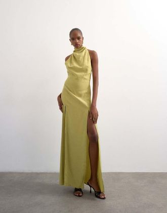 Topshop Neckholder-Maxikleid in Limettengr&uuml;n mit Wasserfallausschnitt
