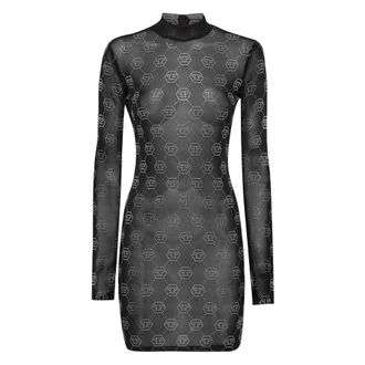Philipp Plein T&uuml;ll-Midikleid Strass Monogramm - - Dresses - Damen - Schwarzk - XL