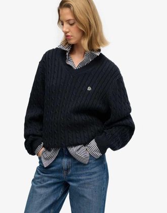 Superdry Pull col V oversize en maille torsad&eacute;e - Bleu marine &eacute;clipse