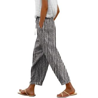 Generic Pantalon Large en Lin Femme Taille Elastique Pantalon Court en Lin &Agrave; Fleurs pour Femme Taille &Eacute;lastique Coupe Droite D&eacute;contract&eacute; pour La Plage avec La