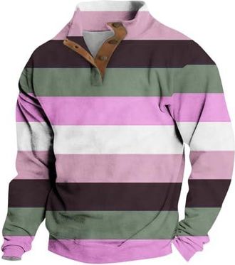 Generic Pull décontracté pour homme tendance automne et hiver décontracté à manches longues boutonné rayé 3D imprimé bouton col montant sweat haut épais pour 