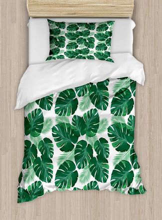 Abakuhaus Blätter Bettbezugs Set für Einzelbetten, Monstera Pinnate Palmate, Milbensicher Allergiker geeignet mit Kissenbezug, 130 x 200 cm,Weiß Jadegrün