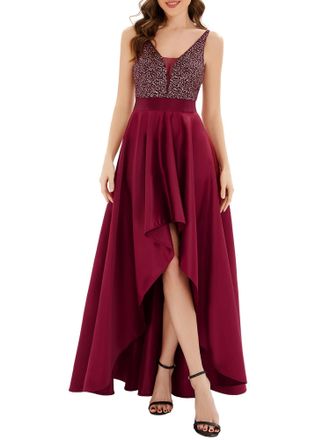 Ever-pretty Damen V-Ausschnitt &Auml;rmellos High Low Hohe Taille Partykleider mit Pailletten Burgund 44