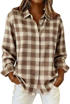 Generic Chemisier &agrave; carreaux pour femme - Manches longues - Col &agrave; revers - Boutonni&egrave;re - Hauts d&eacute;contract&eacute;s - Tendance - Coupe ample - Chemise &agrave; manches longu