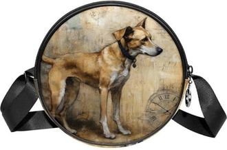 Generic Sac &agrave; bandouli&egrave;re rond pour femme, motif chien vintage, petit sac &agrave; bandouli&egrave;re avec fermeture &eacute;clair, bretelles r&eacute;glables, sac &agrave; main rond d&eacute;contract