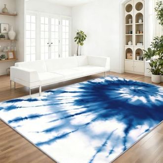 Generic Tapis &agrave; Motif Tie-Dye Abstrait Grand Antid&eacute;rapant &agrave; Poils Courts Doux Chambre Poil Ras de Sol Bleu Blanc, 160 x 230 cm