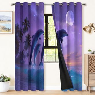 Generic Bedruckte Blickdichte Vorh&auml;nge Lila, Zeichentrickfilm Delfin Nachthimmel Ozean Muster W&auml;rmeisoliert Vorh&auml;nge mit &Ouml;sen - H 210 x B 110 cm (2er Pack) Fa